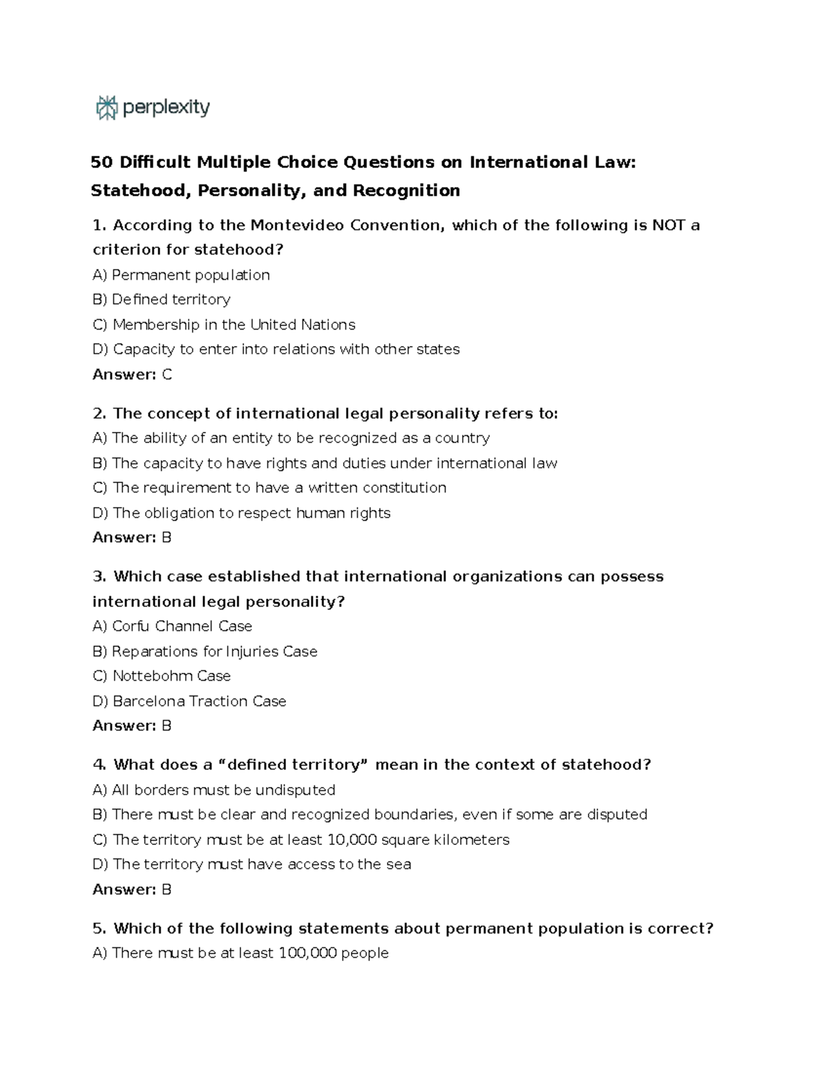 50 Challenging MCQs on International Law: Statehood & Recognition - Studocu
