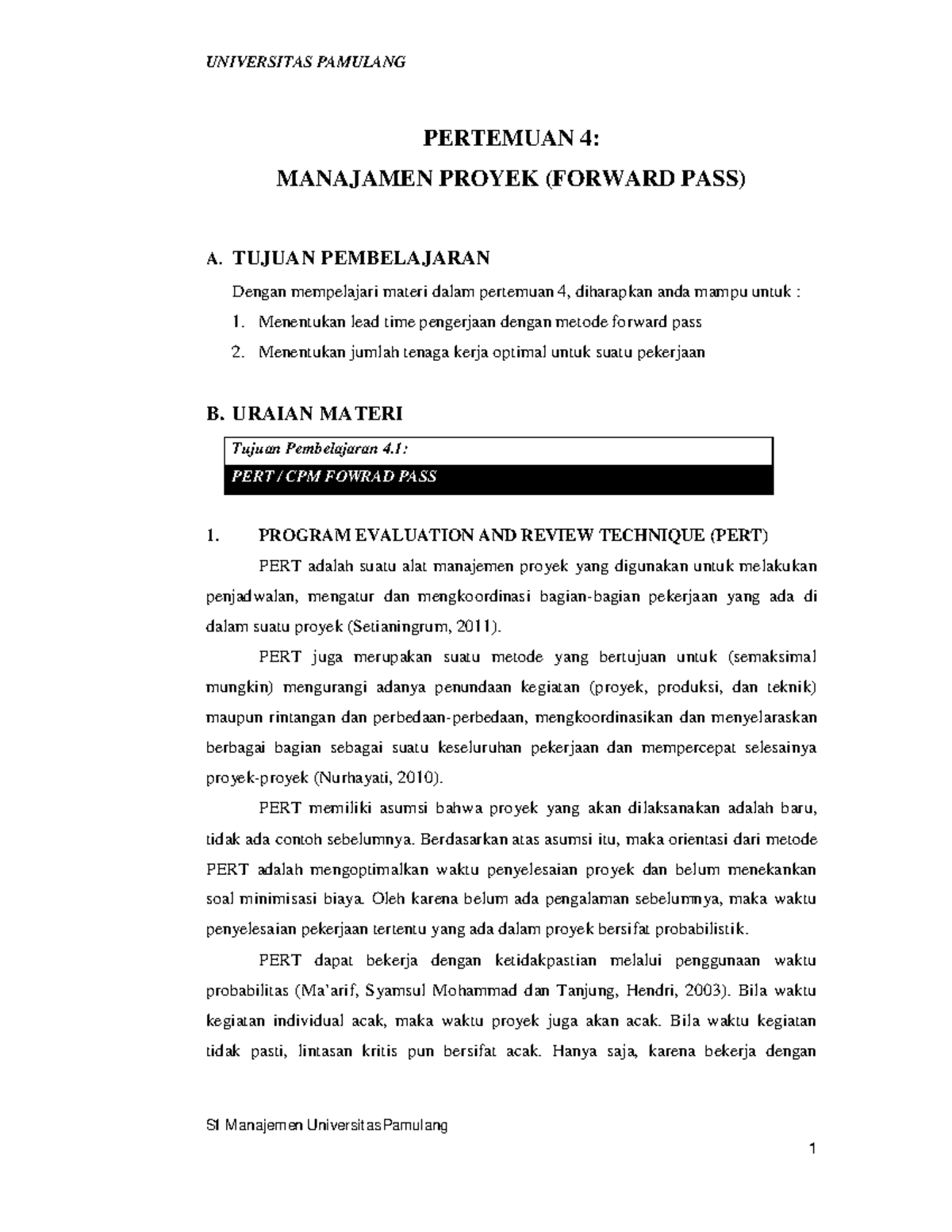 Pertemuan 4 S1 Manajemen: Pembelajaran Forward Pass Project Management ...