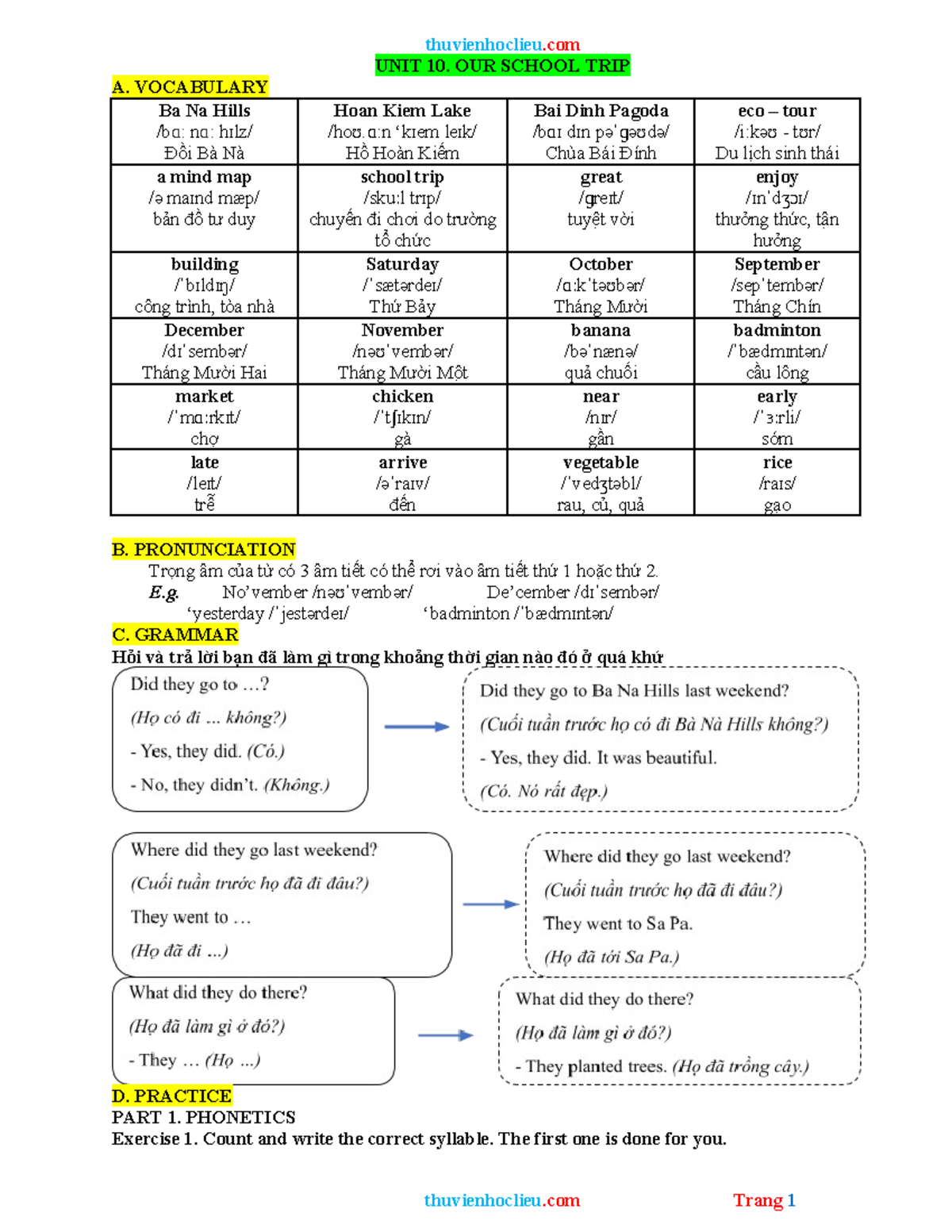 Unit 10 Eng5 - Vocabulary and Grammar Review for Our School Trip - Studocu