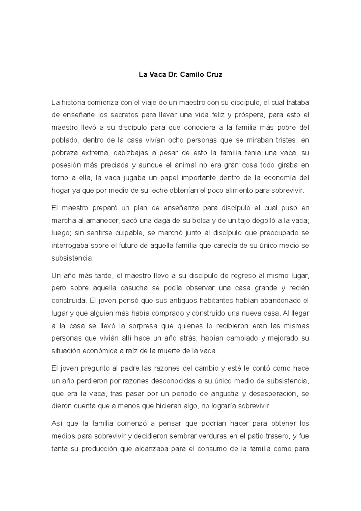 Resumen del libro "La Vaca" de Dr. Camilo Cruz - Studocu