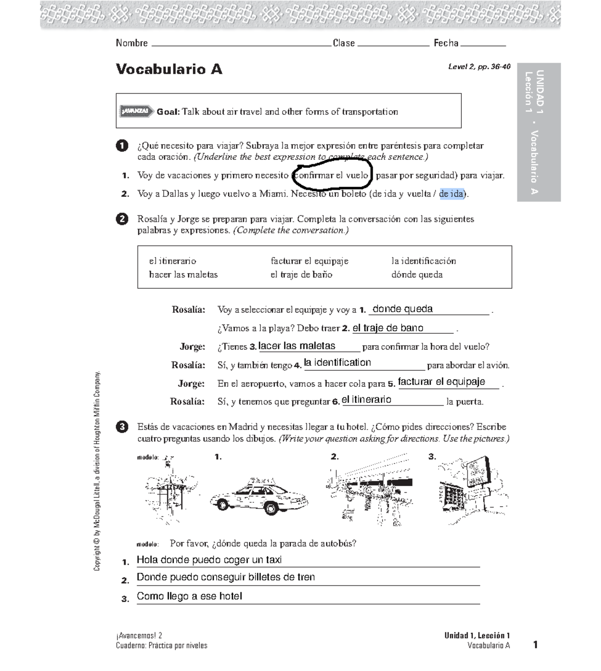 Vocabulario A & B - Avancemos! 2 - Unidad 1, Lección 1 - SP2 - Studocu