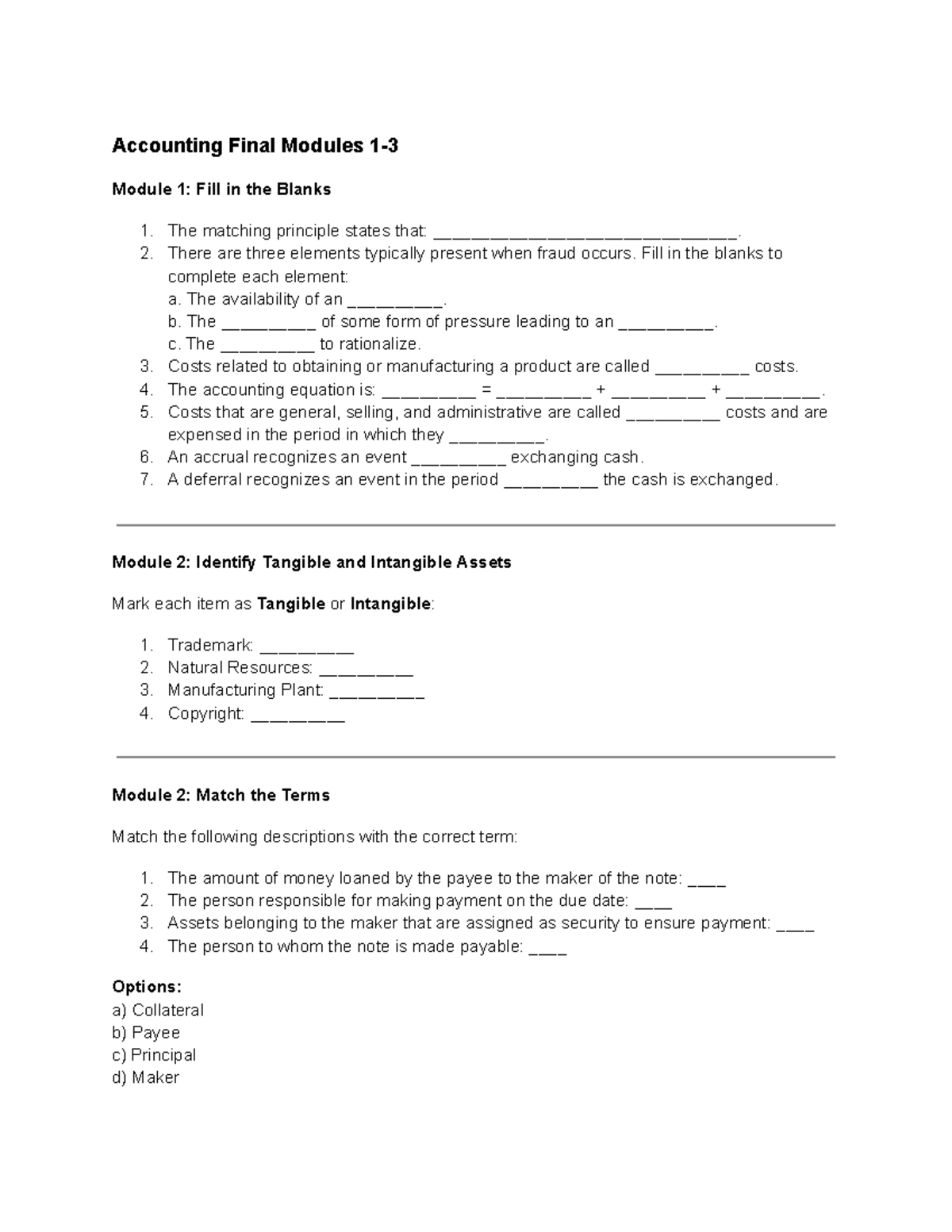 Accounting Final Exam Review: Modules 1-3 Worksheets - Accounting Final ...