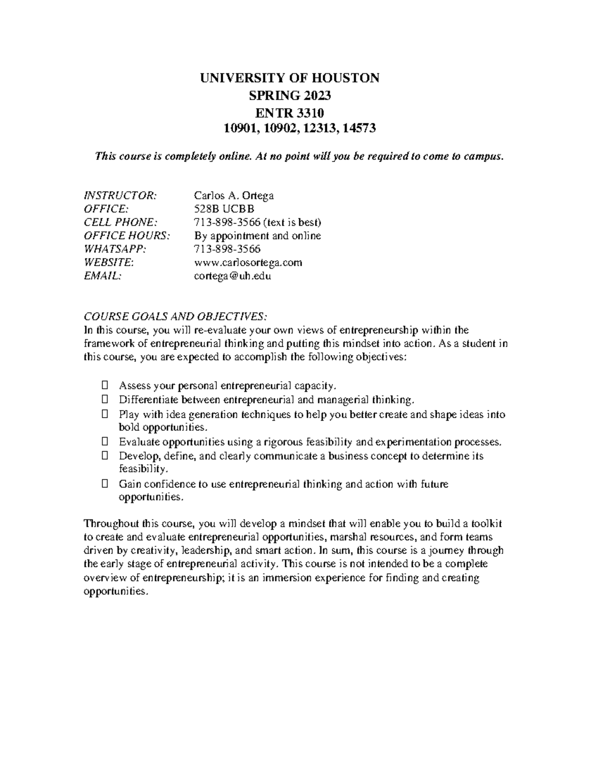ENTR 3310 Spring 2023 Online Course Syllabus and Guidelines - Studocu