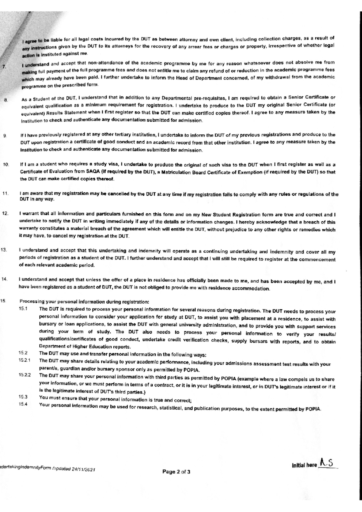 DUT Registration Indemnity and Undertaking Form for Students - Studocu