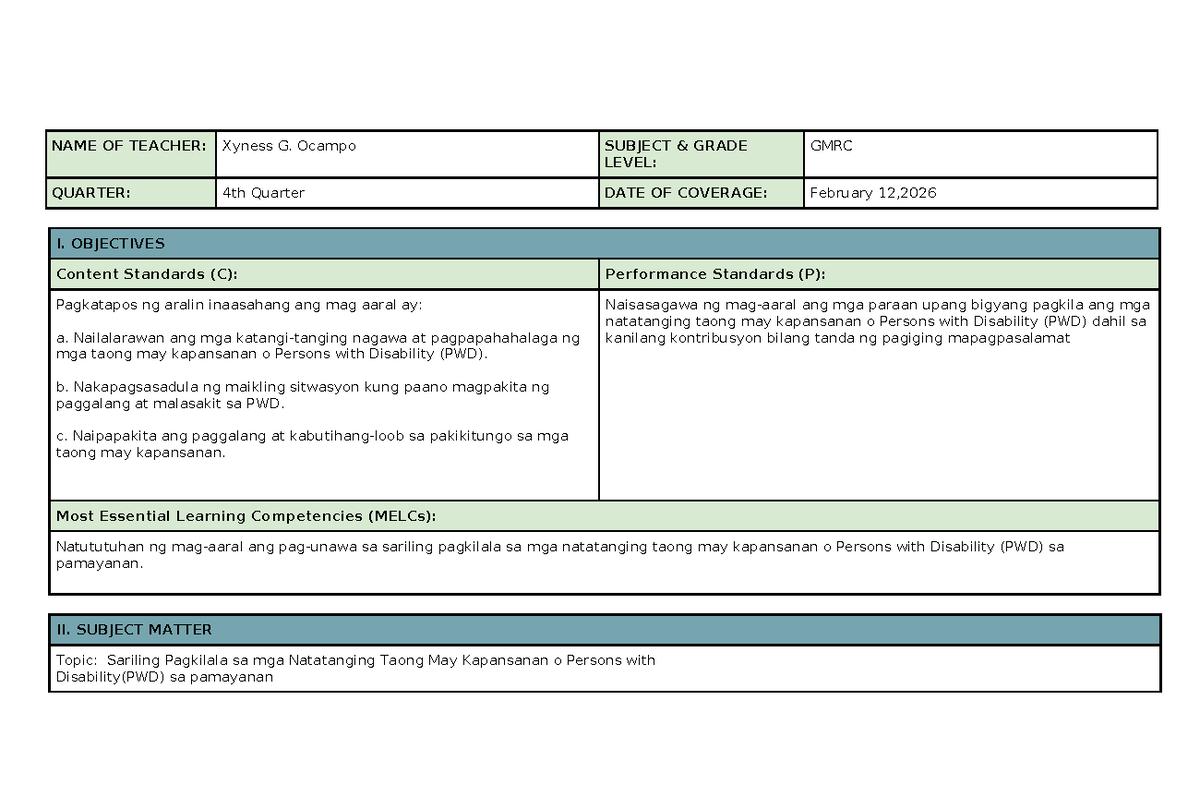 Detailed Lesson Plan on Recognizing Persons with Disabilities (PWD ...