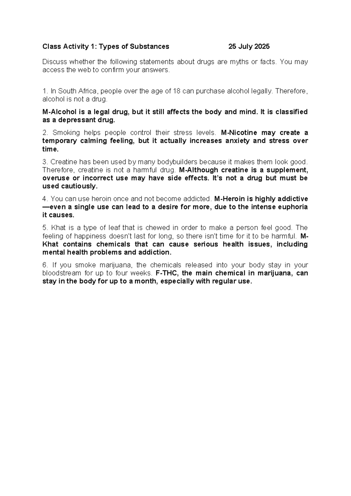 Class Activities on Substance Abuse and Environmental Health (2025 ...
