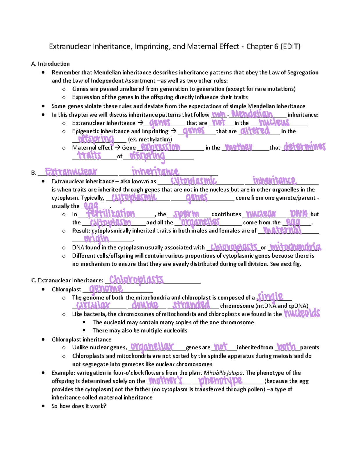 Extranuclear Inheritance and Epigenetics - Chapter 6 Notes (Bio 101 ...