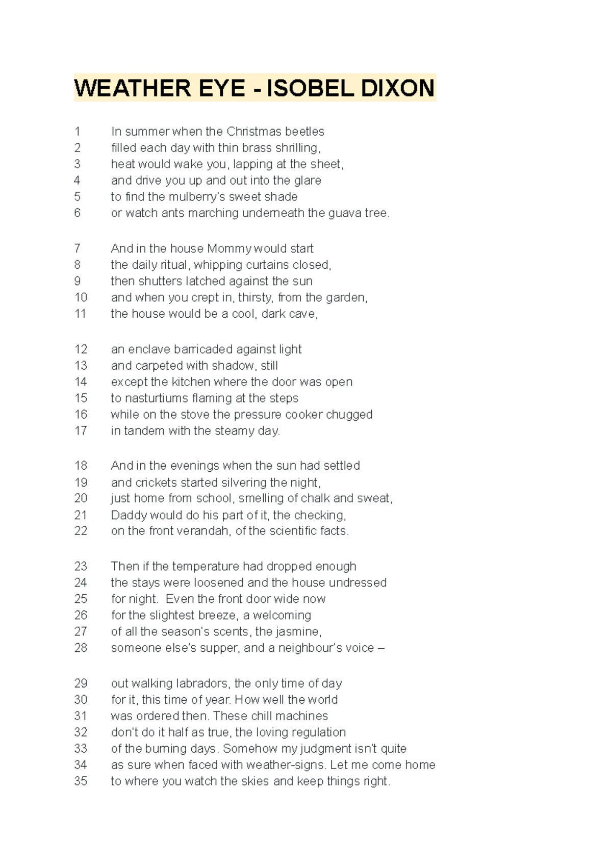 Weather eye by Isobel Dixon poetry grade 12 - WEATHER EYE - ISOBEL ...