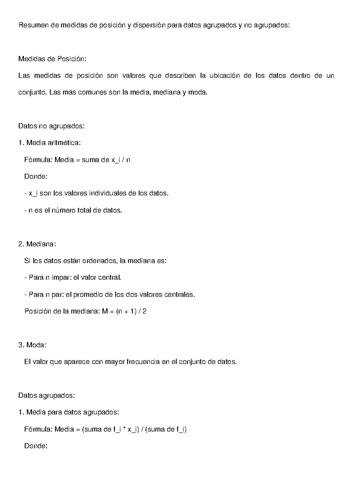 Resumen Medidas de Posición y Dispersión para Datos Agrupados y No ...