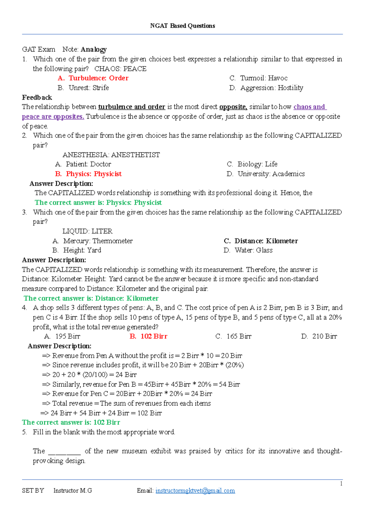 GAT Exam Notes: NGAT Based Questions and Answers Analysis - Studocu