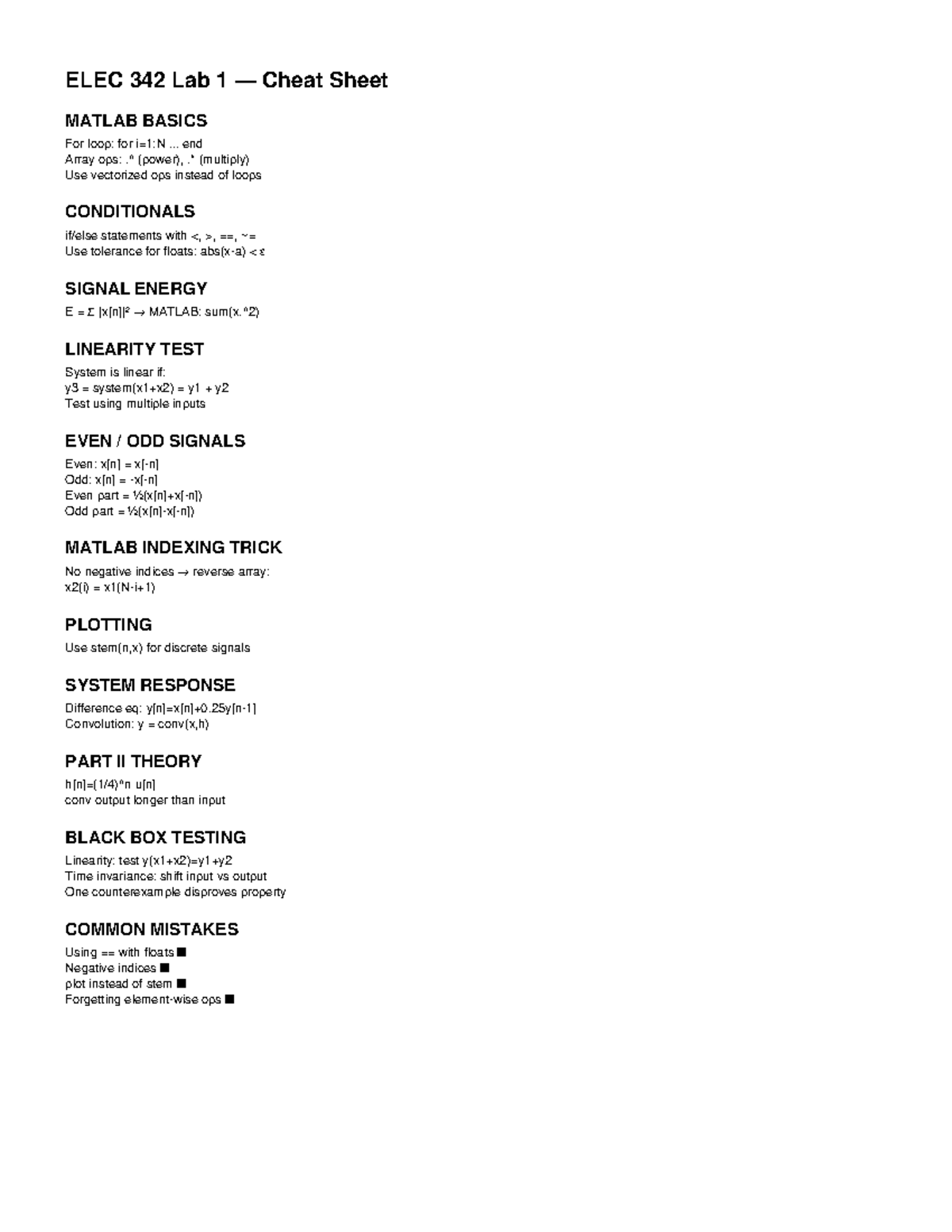 ELEC 342 Lab 1 Cheat Sheet: MATLAB Basics & Signal Processing - Studocu