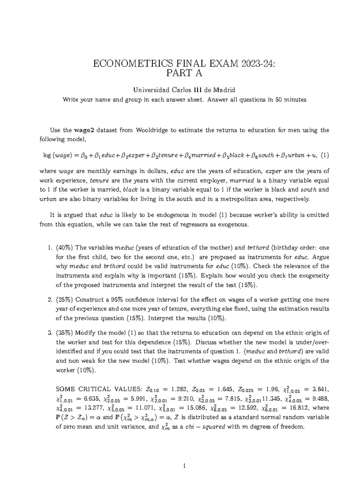 ECONOMETRICS FINAL EXAM PART A 2024 - Universidad Carlos de Madrid - Studocu