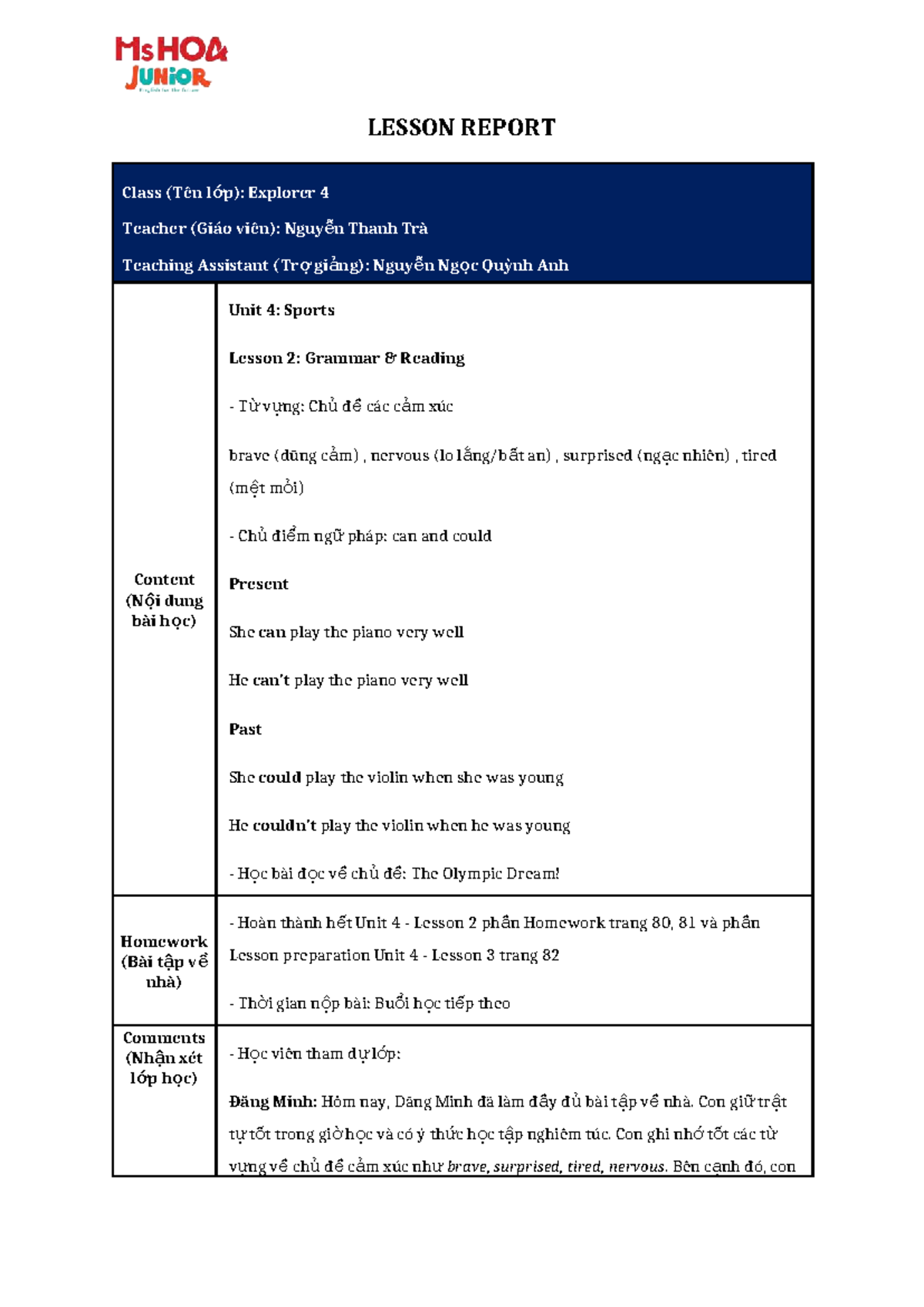 Lesson Report - Unit 4, Lesson 2 - Explorer 4 - Studocu