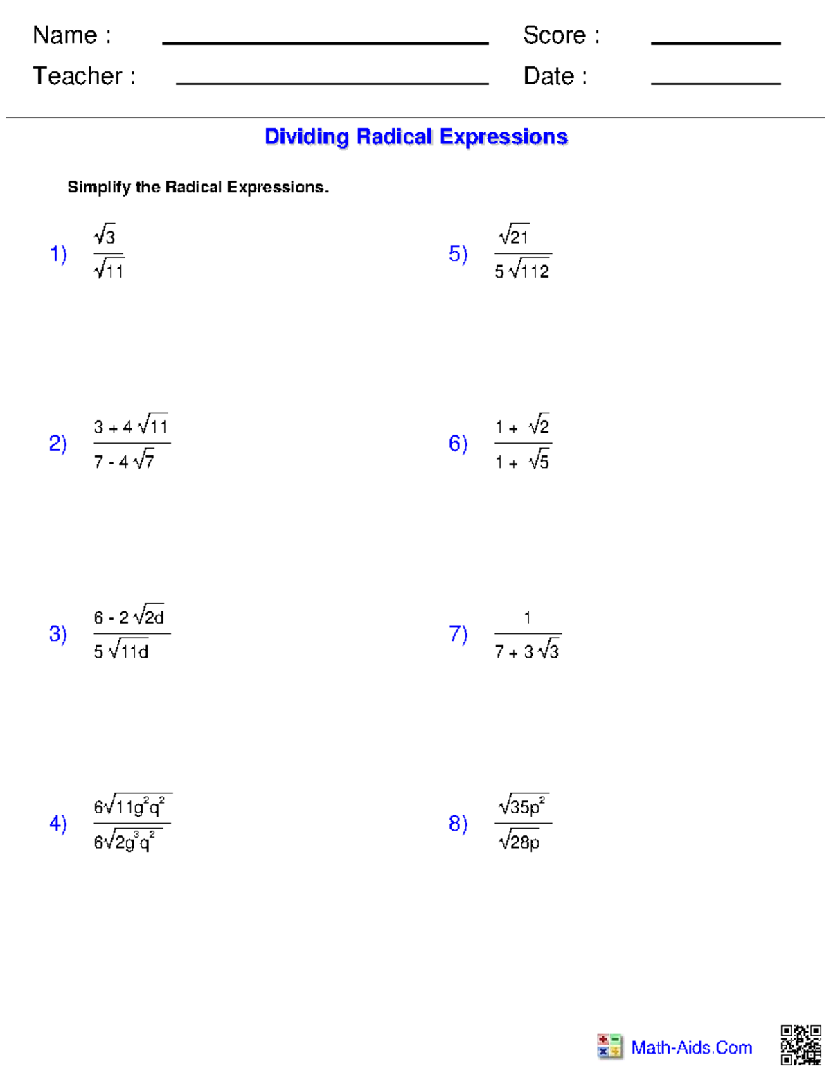 Algebra 1: Dividing and Simplifying Radical Expressions - Studocu