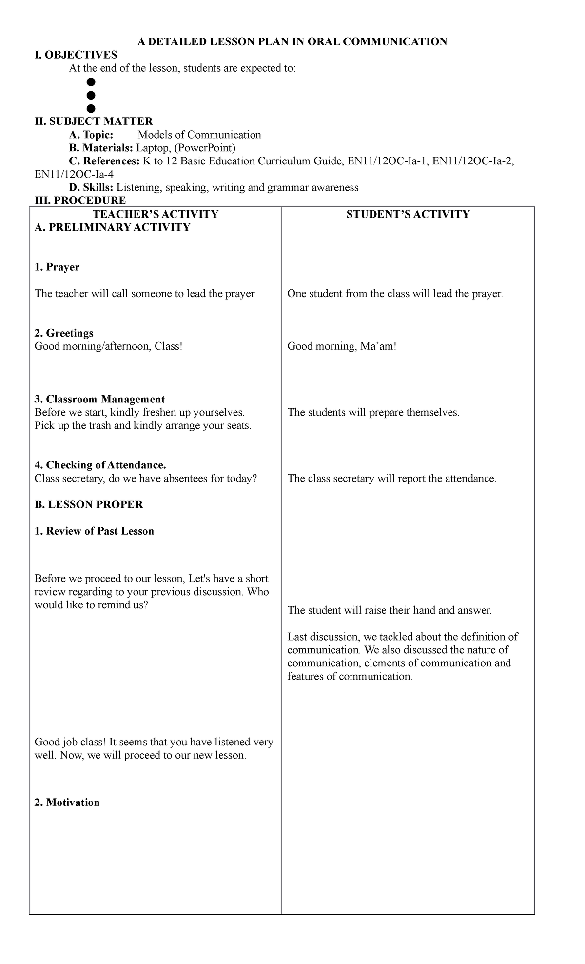 A Detailed Lesson PLAN IN ORAL Communication - A DETAILED LESSON PLAN ...