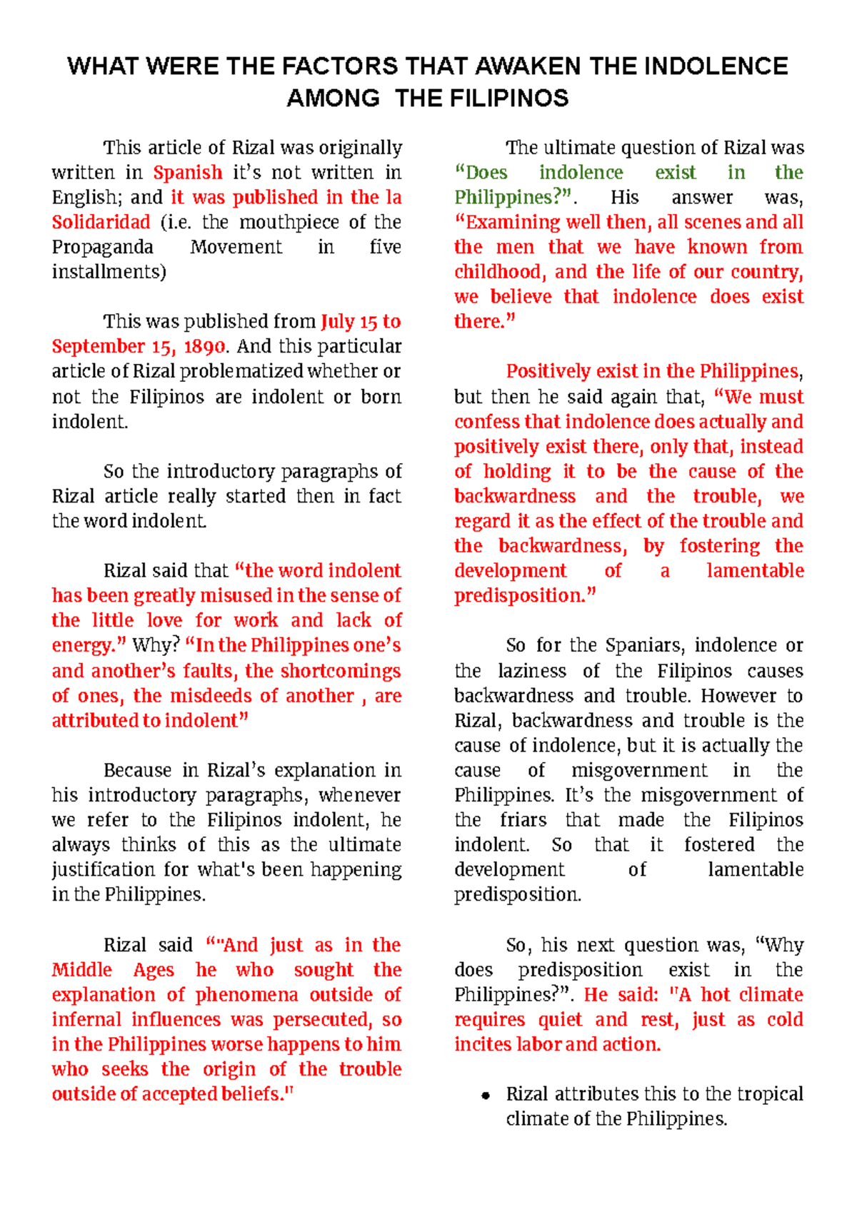Indolence Among Filipinos: A Critical Analysis by Rizal - Studocu
