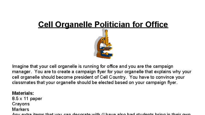 Cell Organelle Campaign Project: Run for Office! - Studocu