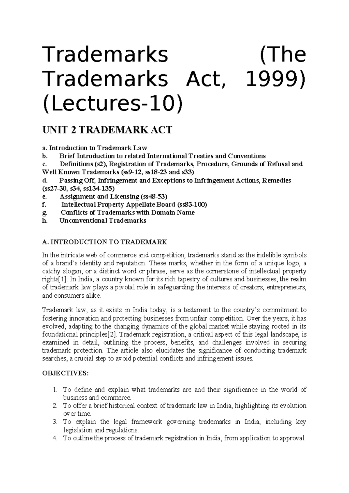 Unit 2 Trademark Act: Comprehensive Notes on Trademark Law - Studocu