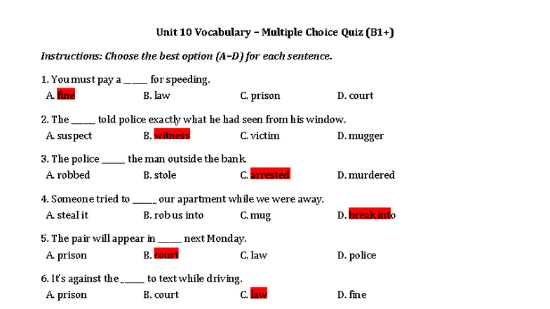 Unit10 Vocabulary No Keys - Unit 10 Vocabulary – Multiple Choice Quiz ...