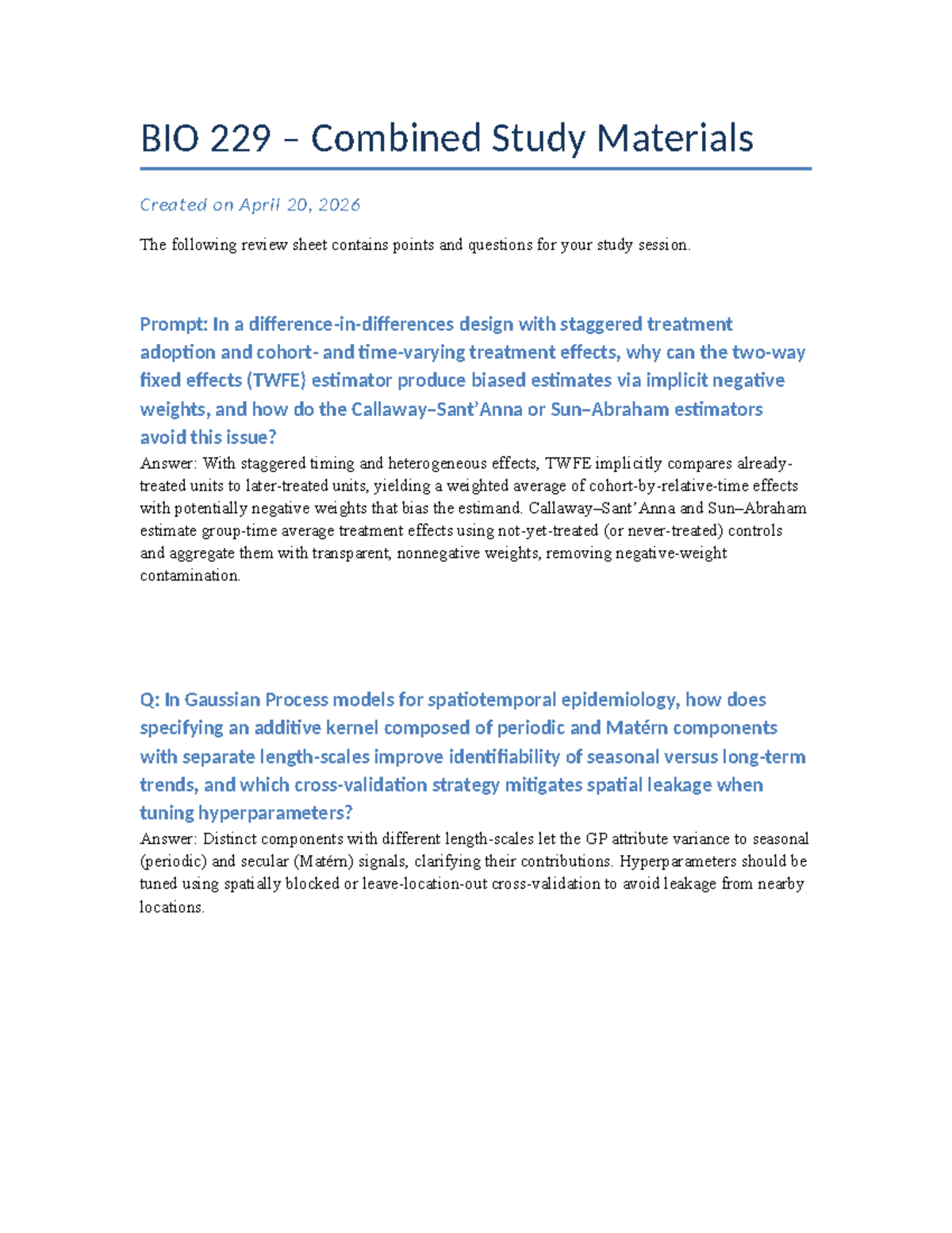 BIO 229 Staggered Treatment Adoption: Study Materials & Insights - Studocu