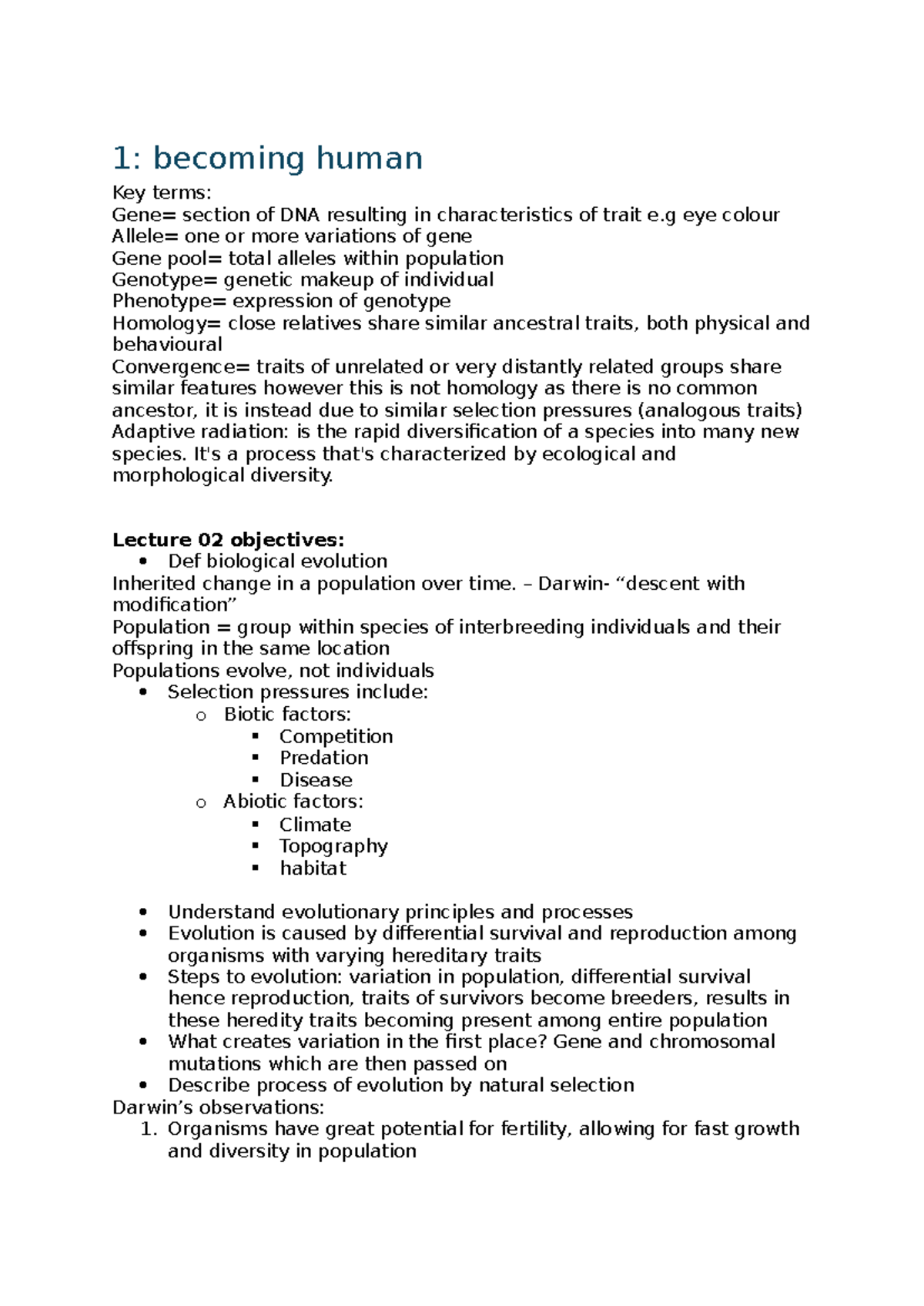 ANHB1101 - Lecture Notes on Human Evolution and Cell Biology - Studocu