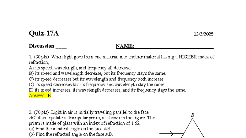 Quiz 17 Solutions: Light Refraction and Prism Angles - Studocu