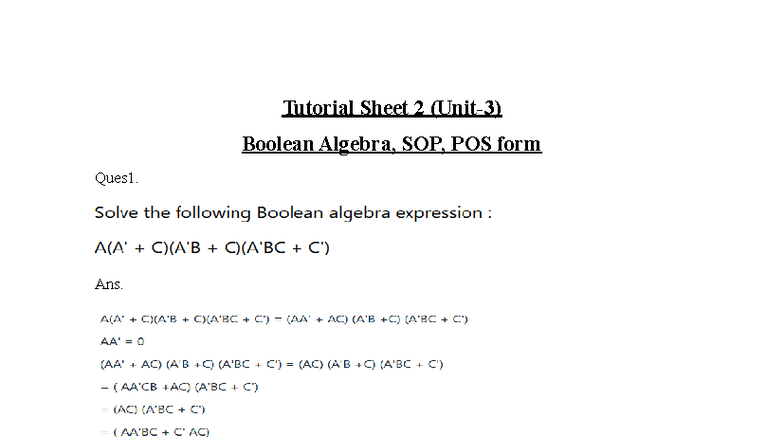 Unit 3 Tutorial 2: Boolean Algebra SOP & POS Forms Solutions - Studocu