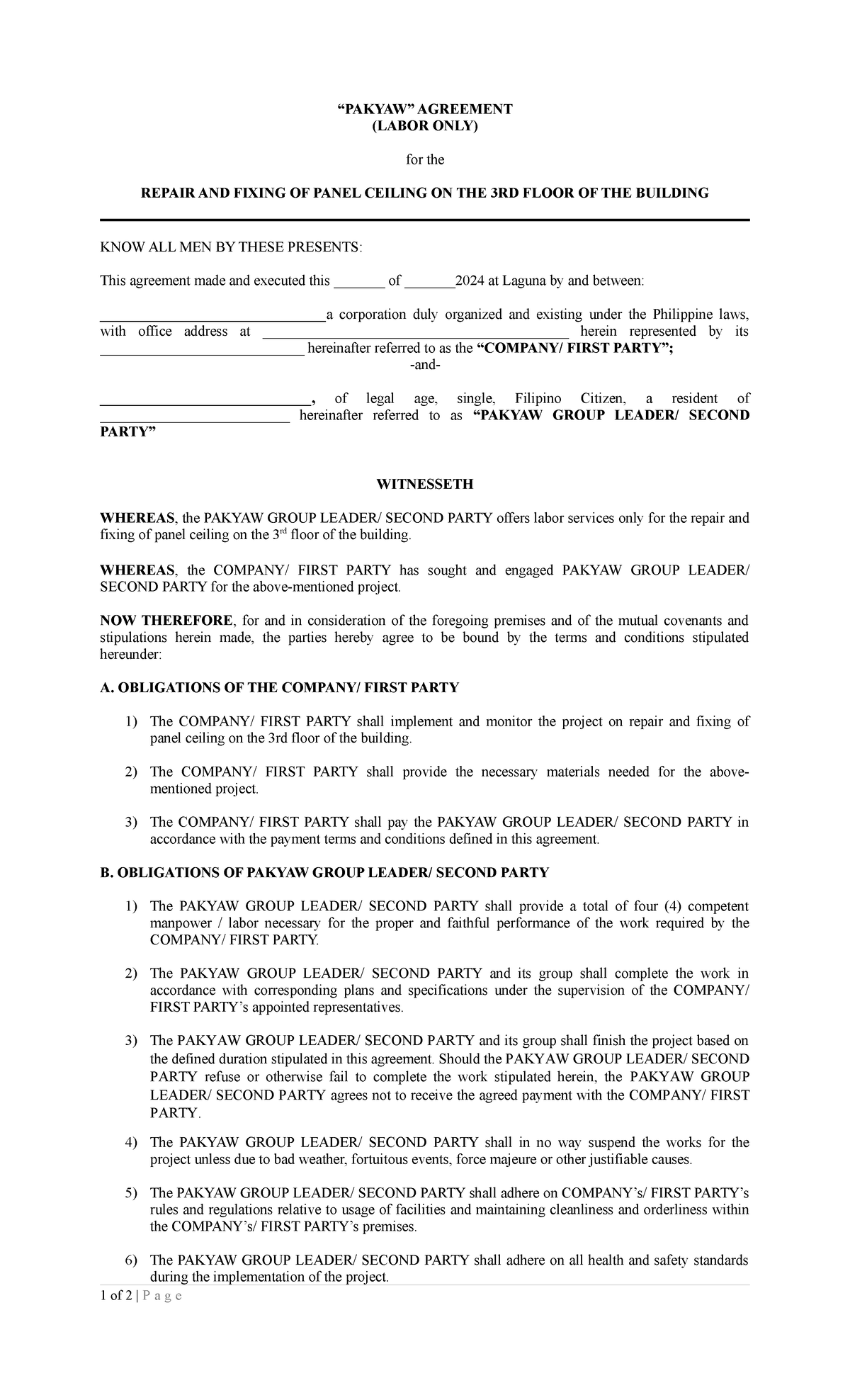 Pakyaw Agreement for Repair & Fixing of 3rd Floor Ceiling - Studocu