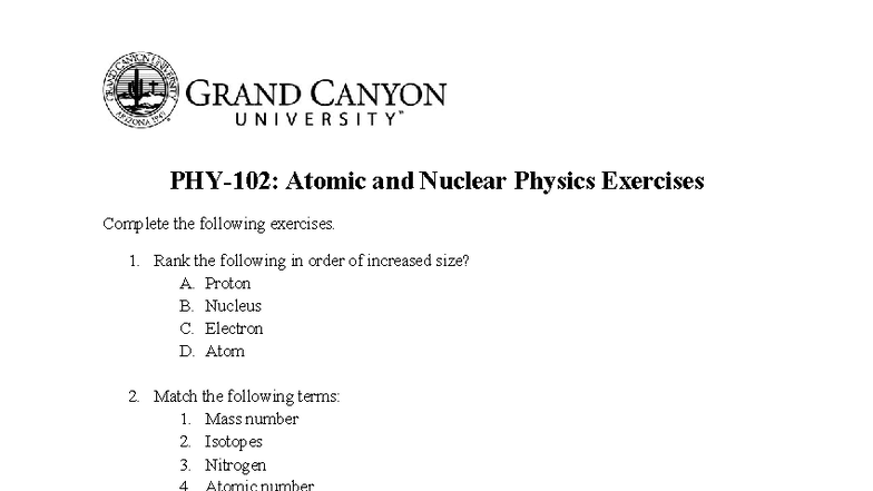 PHY 102 R Atomic and Nuclear Physics Exercise Questions - Studocu