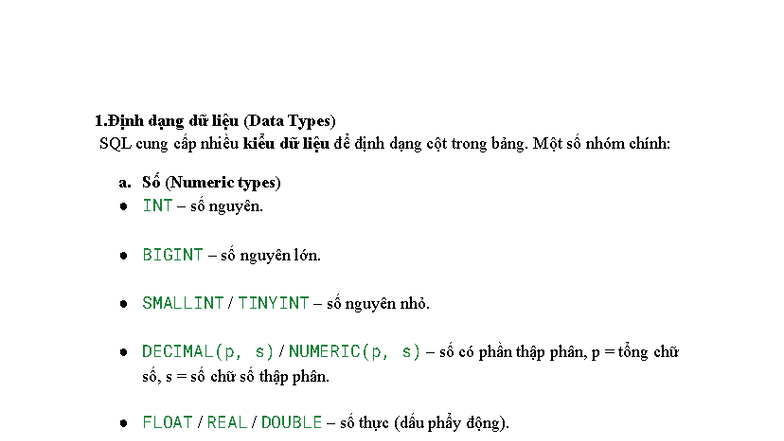 CÁC KIỂU ĐỊNH DẠNG VÀ HÀM TRONG SQL - Tài liệu học 1 - Studocu