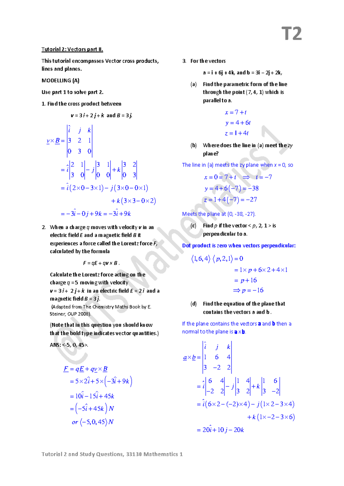33130 T2 Soln-s24-1 - Tutorial 2 Answers - Tutorial 2: Vectors part II ...
