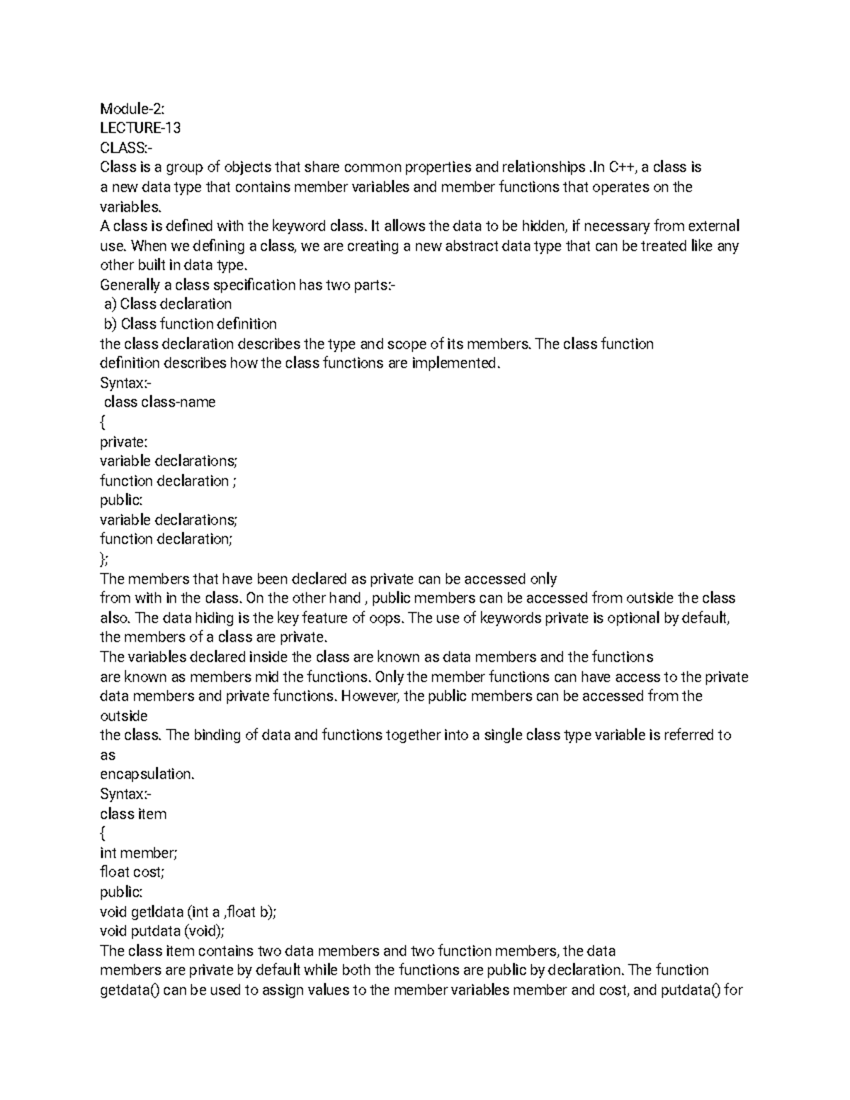 Object Oriented Programming 4 - Module-2: LECTURE- CLASS:- Class is a ...