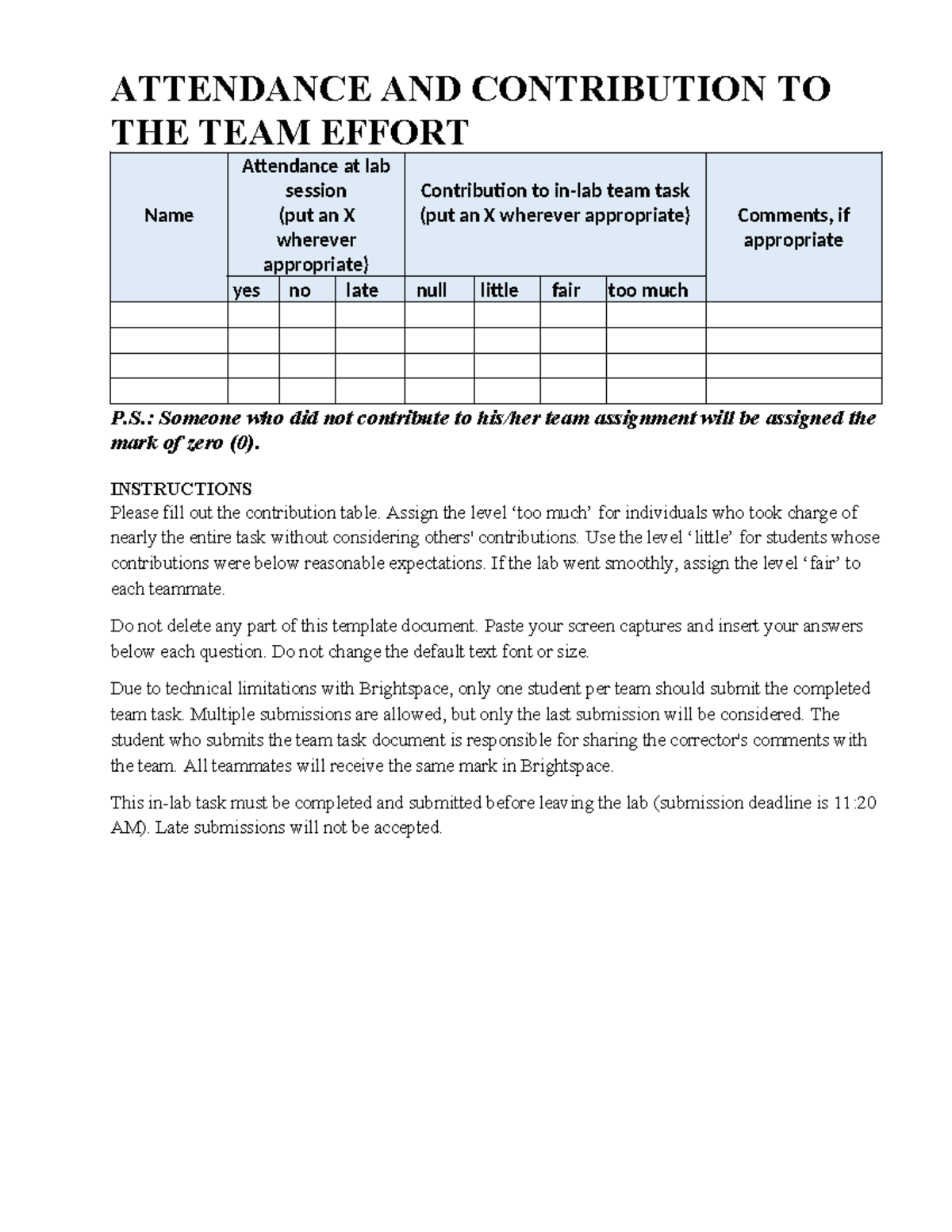 Lab 1 (BIO101) Attendance & Contribution to Team Effort - Studocu