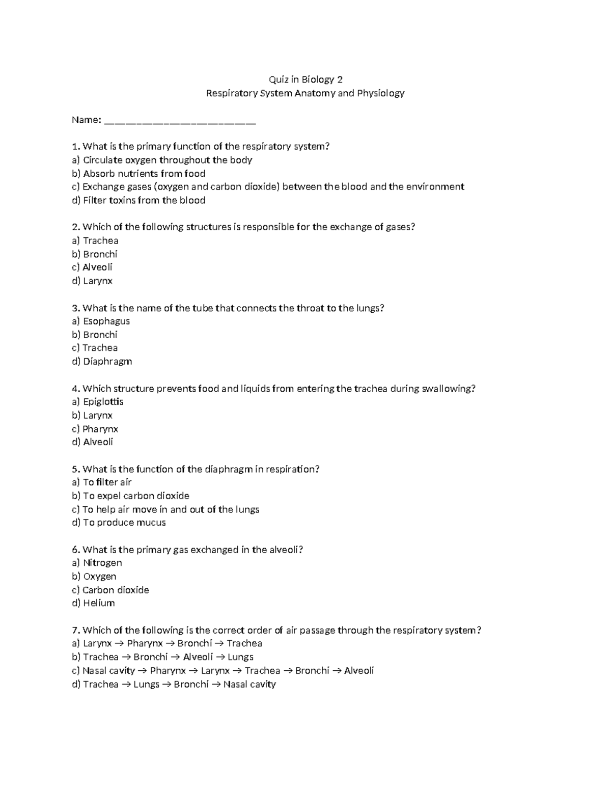 Respiratory System - quiz - Quiz in Biology 2 Respiratory System ...