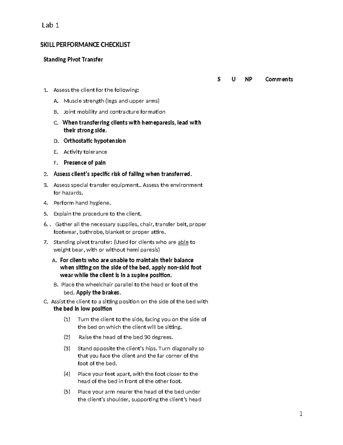 Lab 1: Standing Pivot Transfer Skill Performance Checklist - Studocu