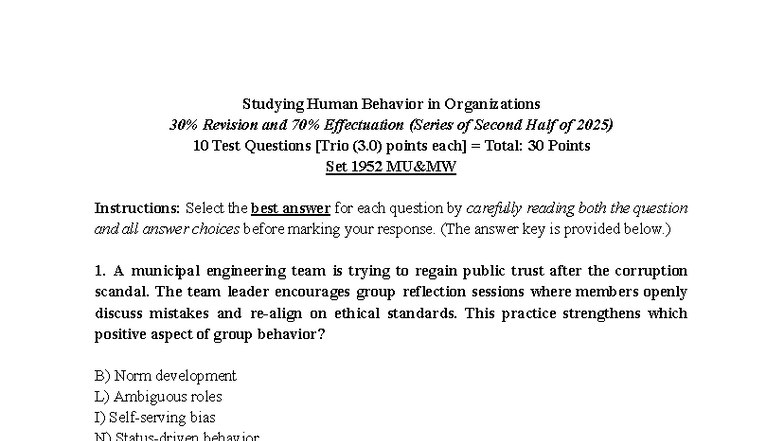 Studying Human Behavior in Organizations: Revision Set 1952 (3.0) - Studocu