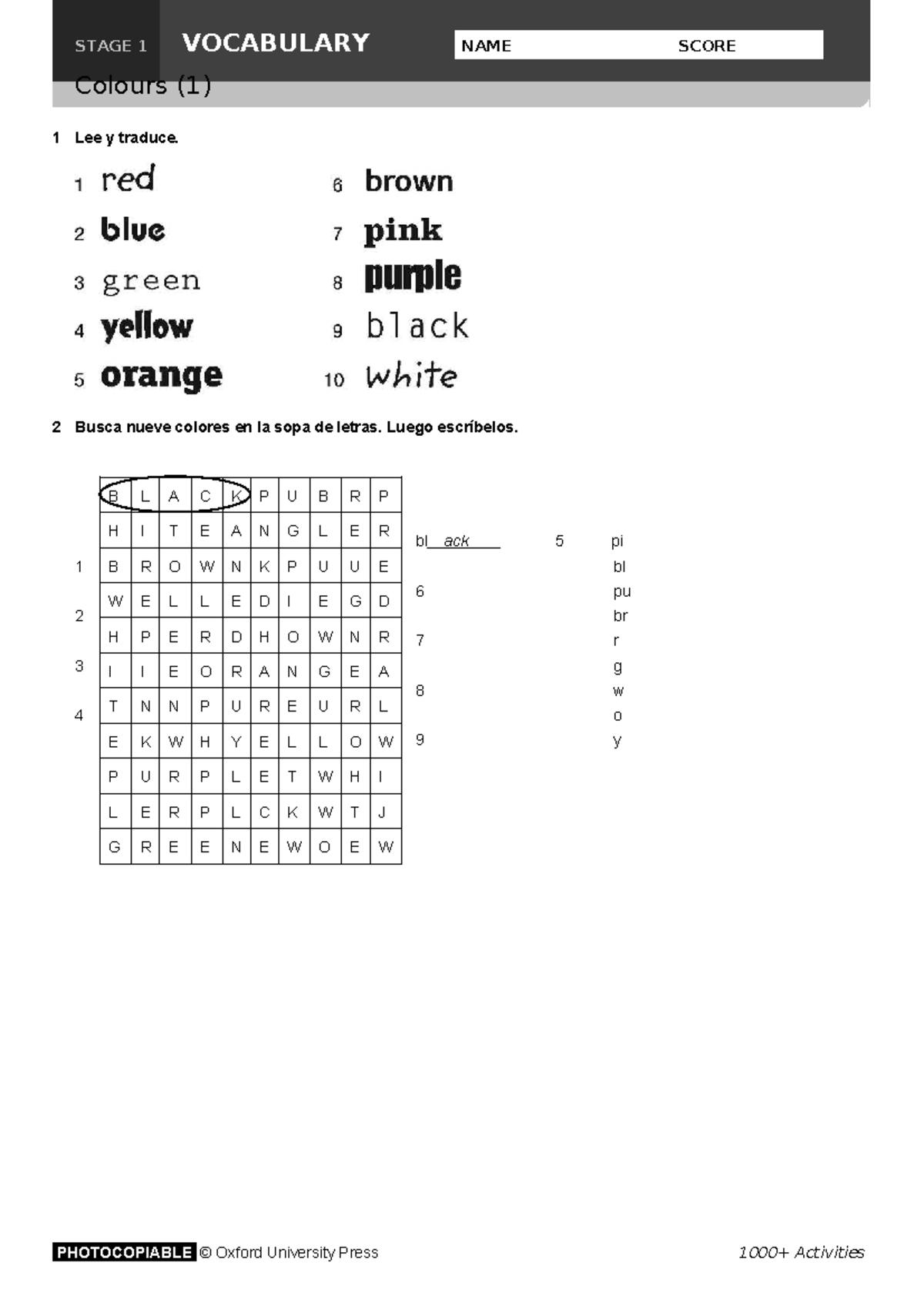 Stage 1 Vocabulary: Colors Activities for English 1 ESO - Studocu