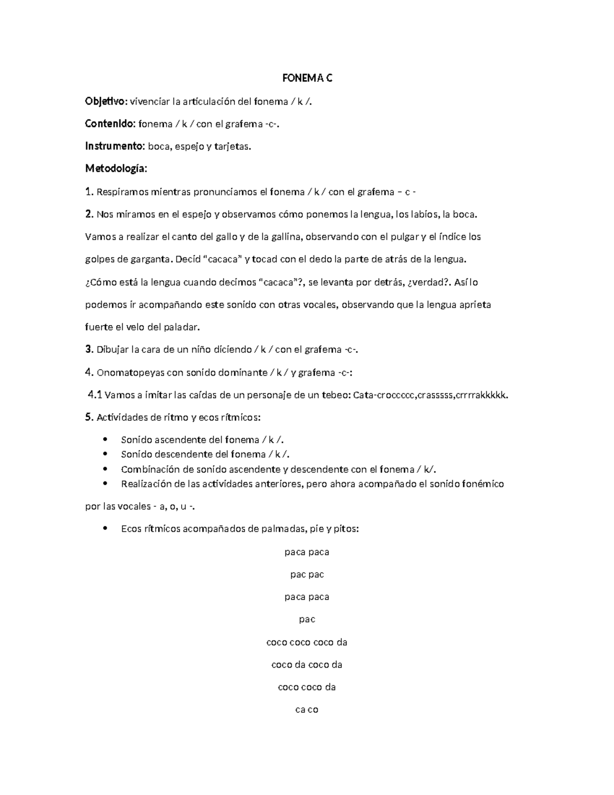 Fonema C: Articulación y Actividades del Fonema K - Studocu