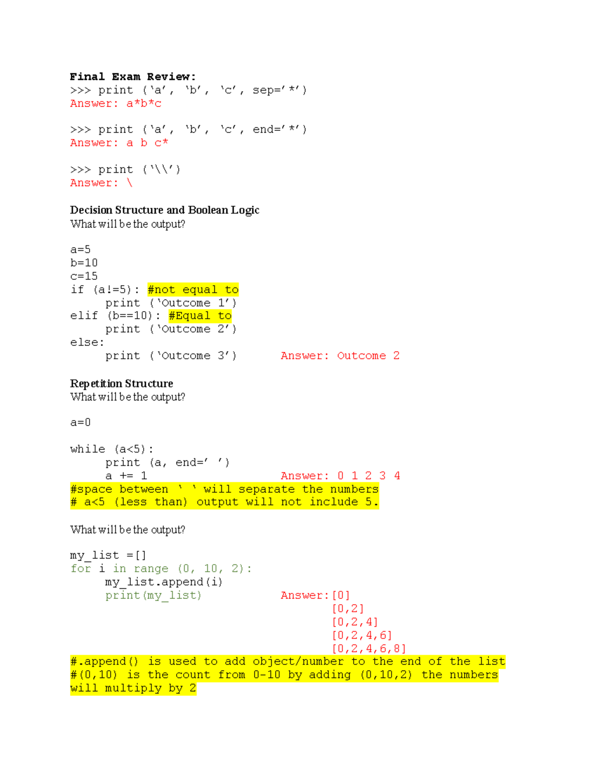 CIS 2300 Final Exam Review: Key Concepts & Outputs in Python - Studocu