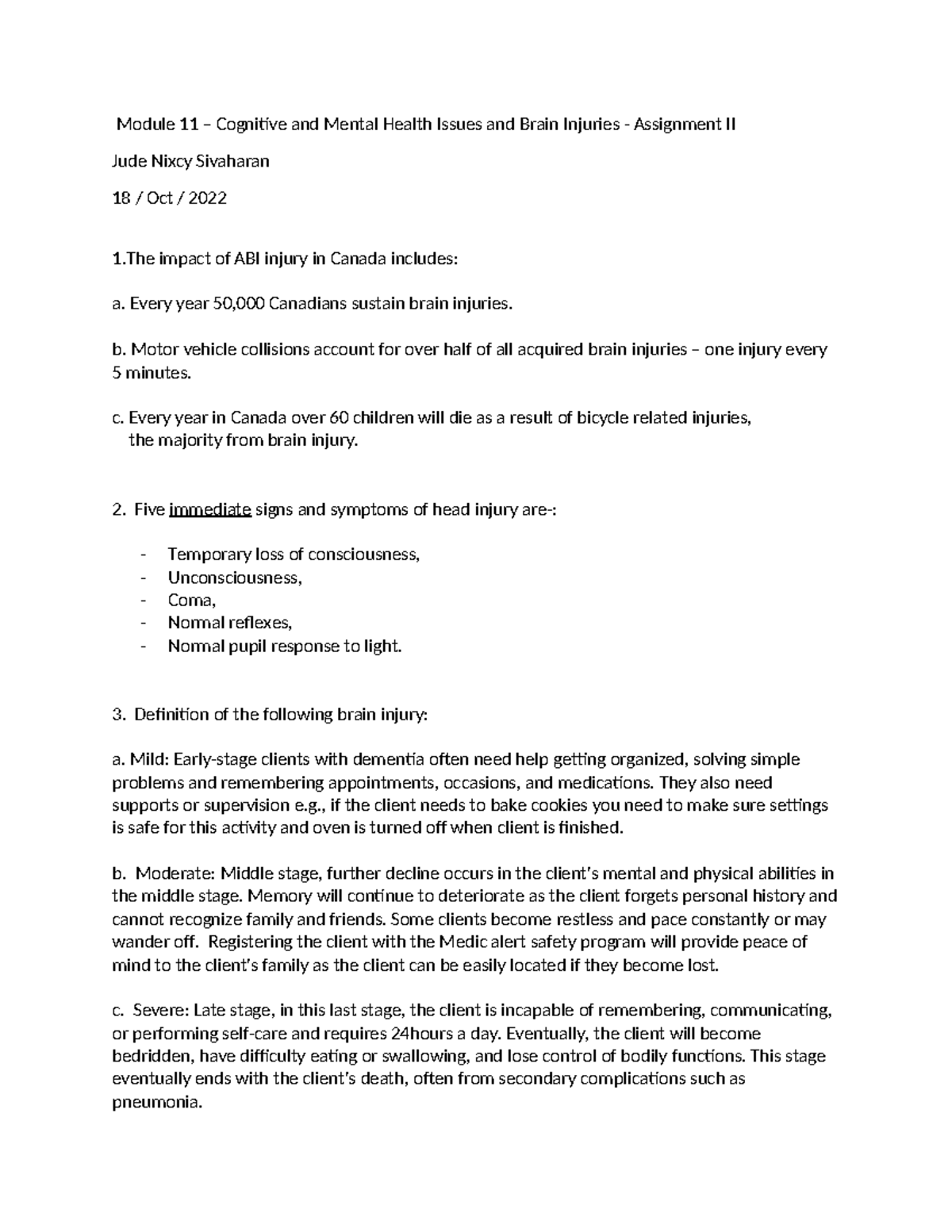 Module 11 Assignment II: Cognitive & Mental Health Issues in ABI - Studocu