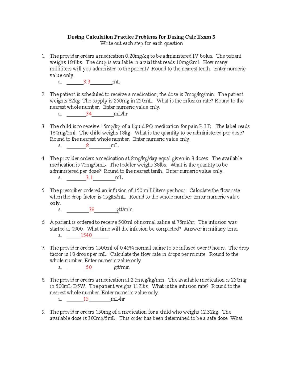 Dosing Calc Exam 3: Practice Problems & Answers for Medication Dosages ...