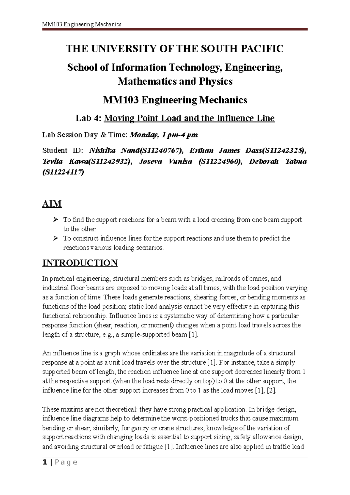 MM103 Engineering Mechanics Lab 4: Moving Point Load & Influence Lines - Studocu