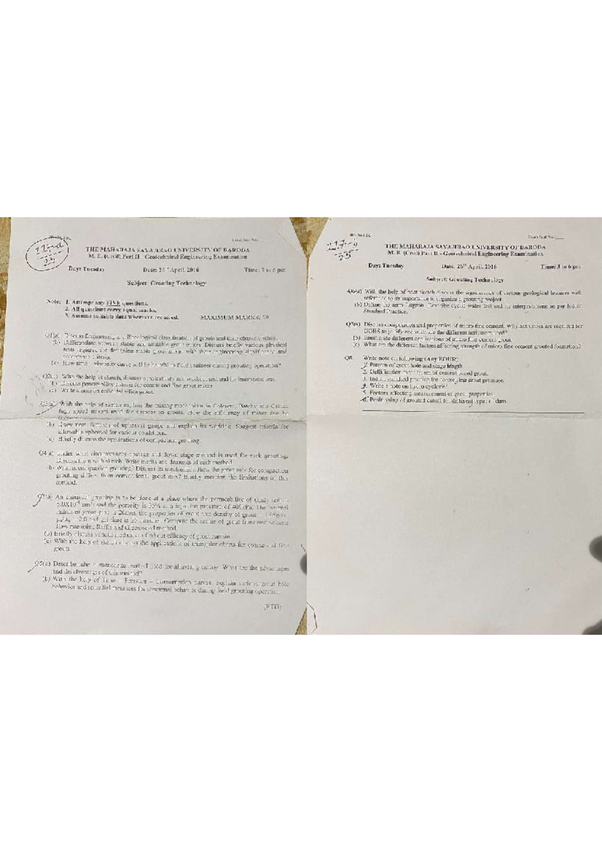 M.E. (Civil) Part II: Geotechnical Engineering Exam Paper on Grouting ...