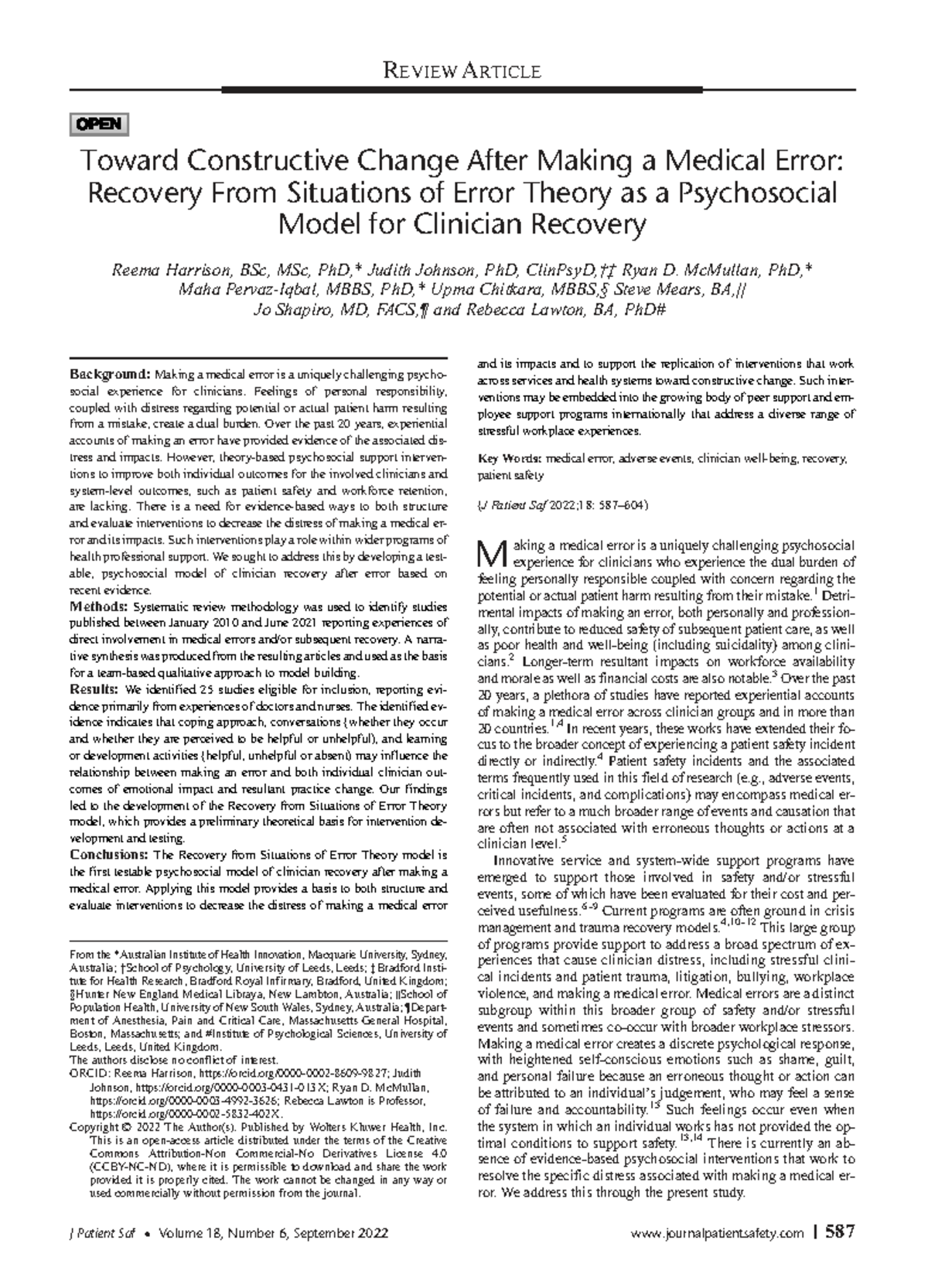REVIEW ARTICLE: Psychosocial Model for Clinician Recovery After Medical ...
