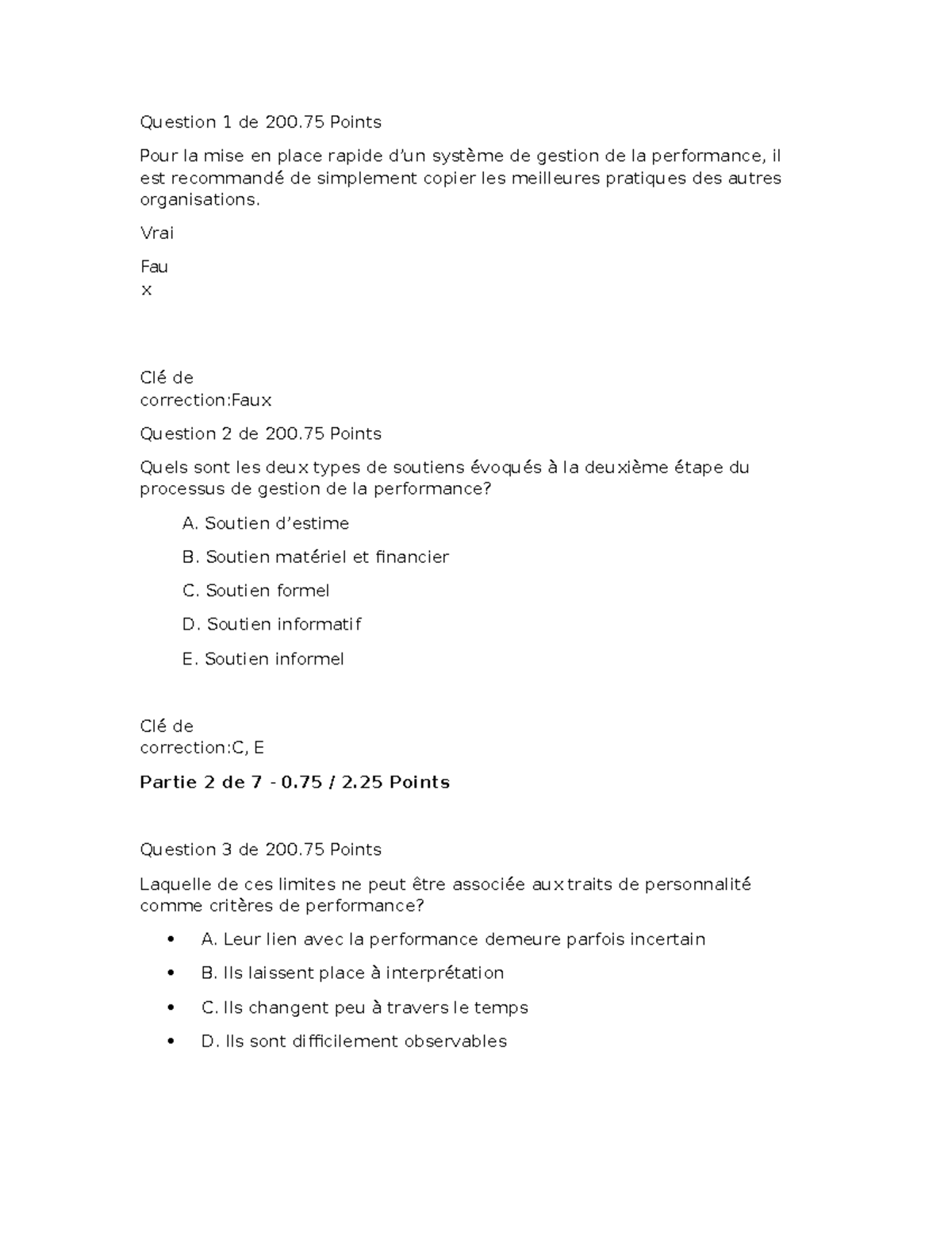 Quiz 1 GP - Gestion de la Performance: Questions et Corrigés - Studocu