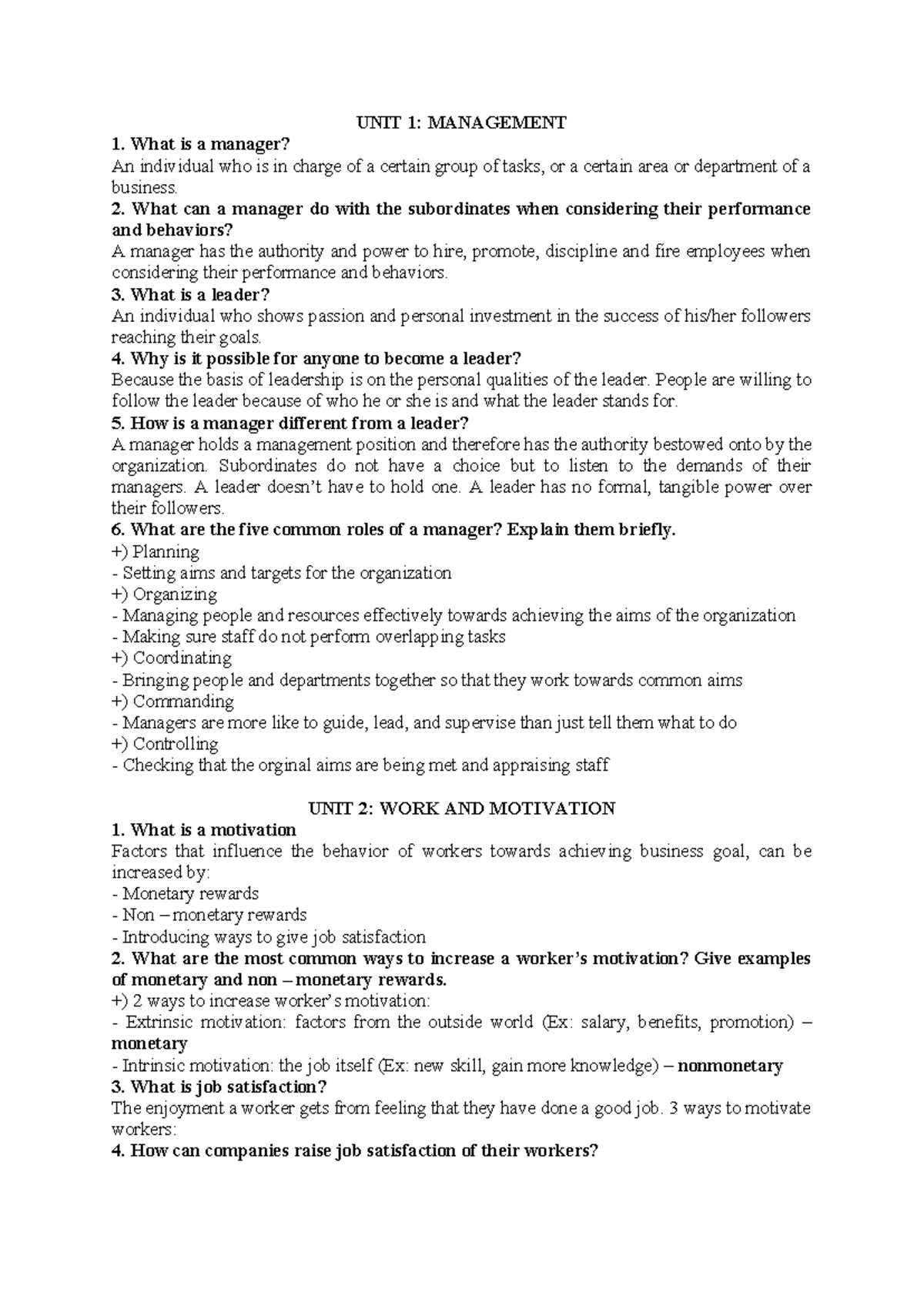 Unit review U1 - U8 - UNIT 1: MANAGEMENT What is a manager? An ...