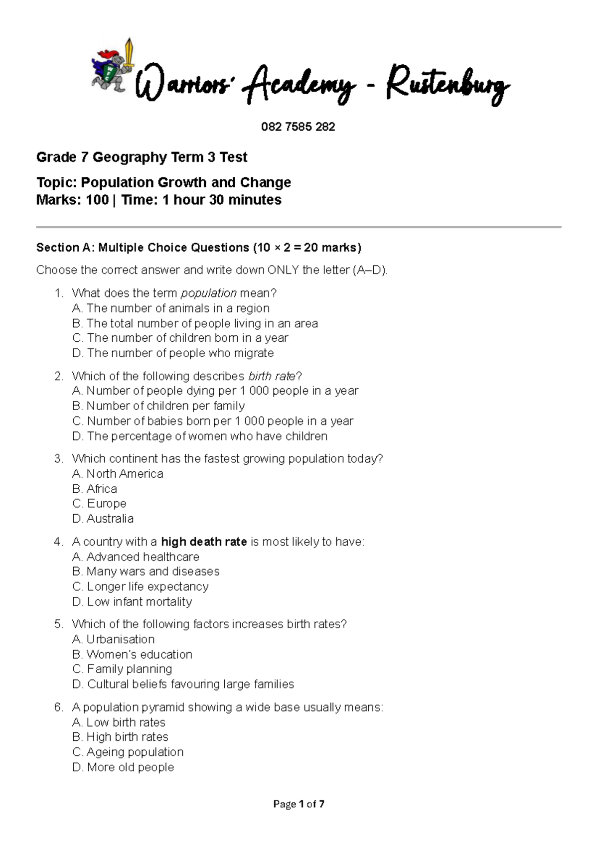 SS Geography 082 7585 282 Grade 7 Term 3 Test & Memo on Population ...