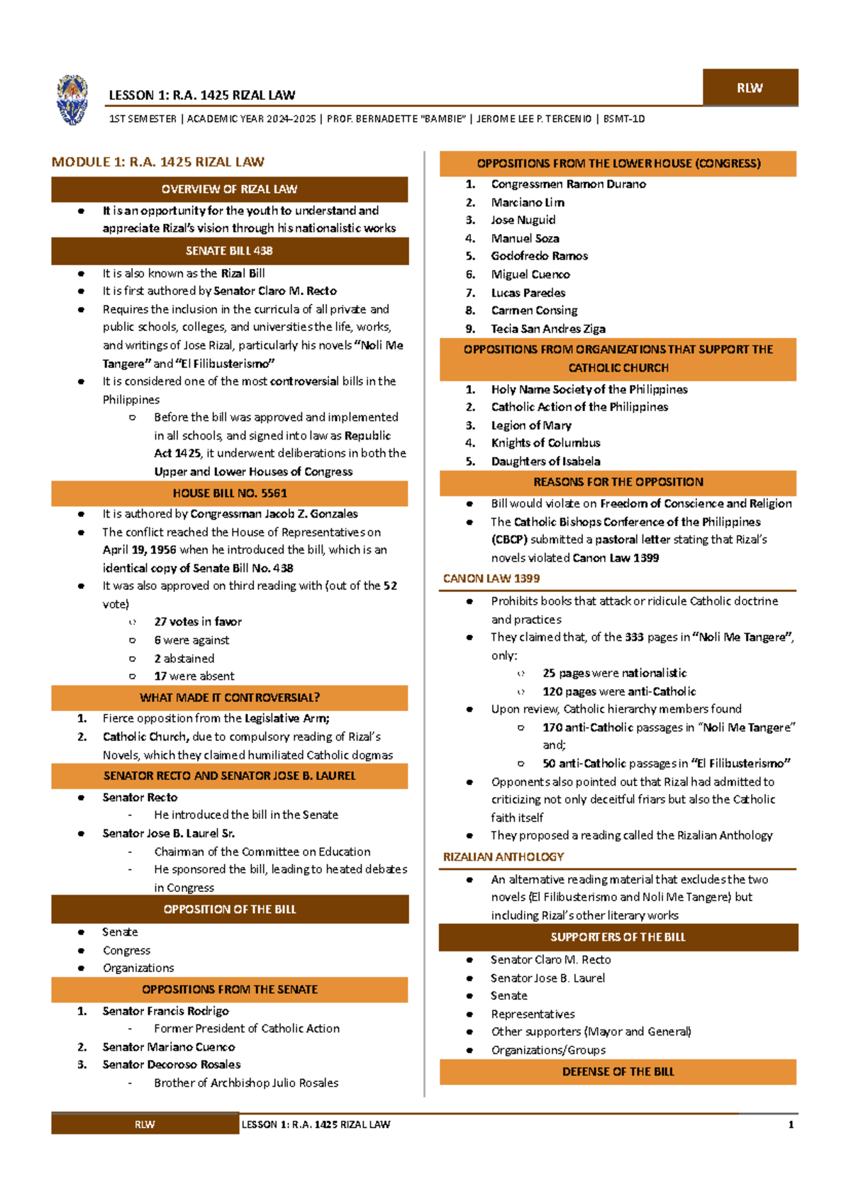RLW LESSON 1: R.A. 1425 RIZAL LAW OVERVIEW AND CONTROVERSIES - Studocu