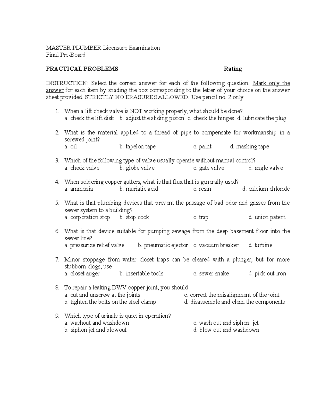 Final PRE- Board Practical Problems - MASTER PLUMBER Licensure Examination Final Pre-Board ...