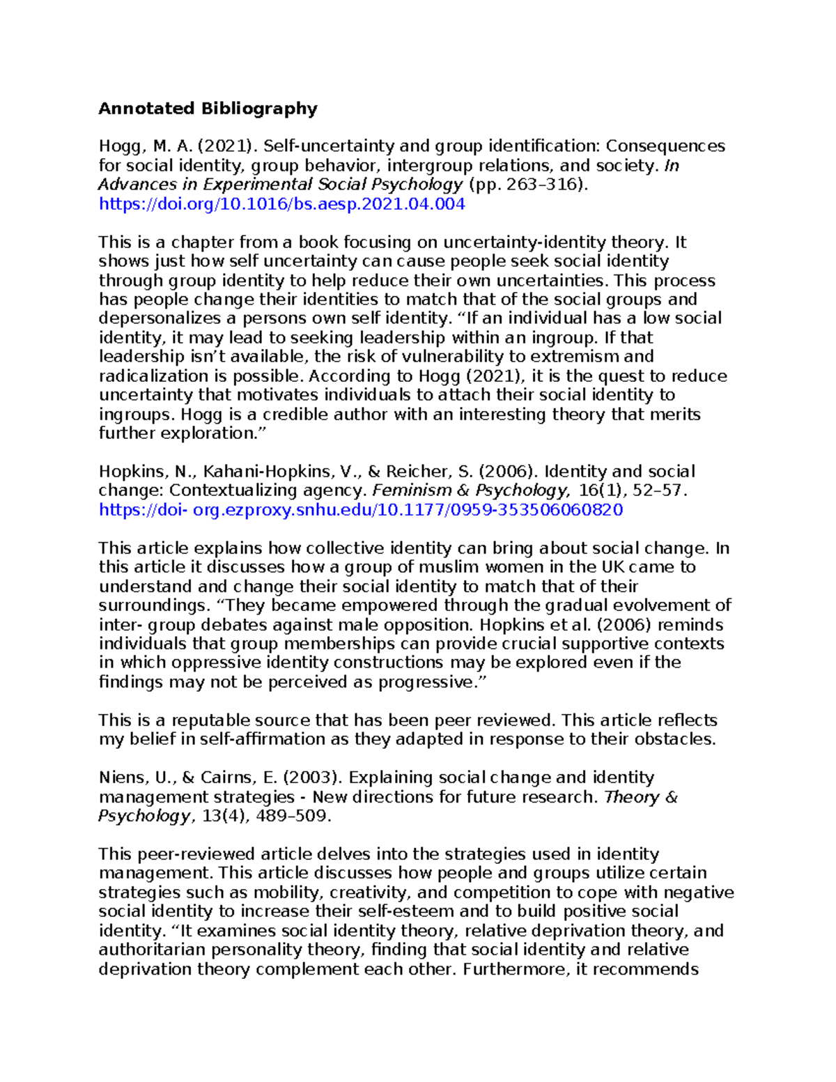 PSY491 Annotated Bibliography on Social Identity Theories - Studocu